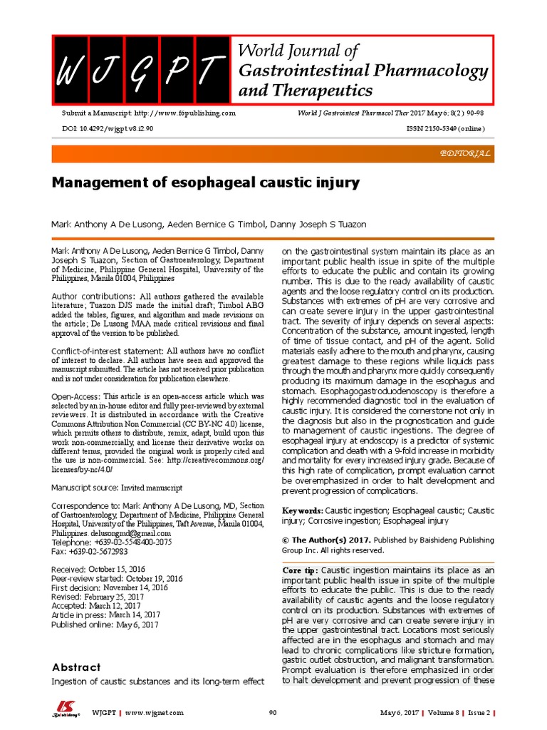 Management of Esophageal Caustic Injury | PDF | Esophagus | Endoscopy