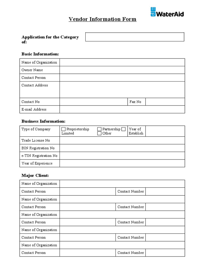 Vendor Information Form: Application For The Category Of: Basic ...