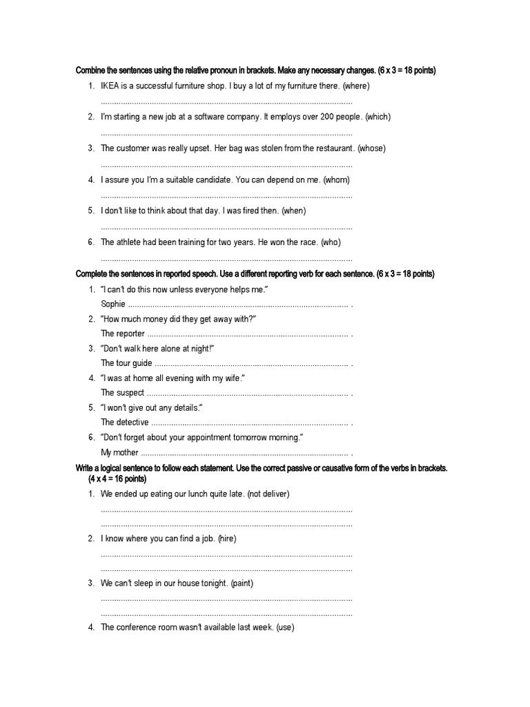 Combine The Sentences Using The Relative Pronoun in Brackets | Download ...