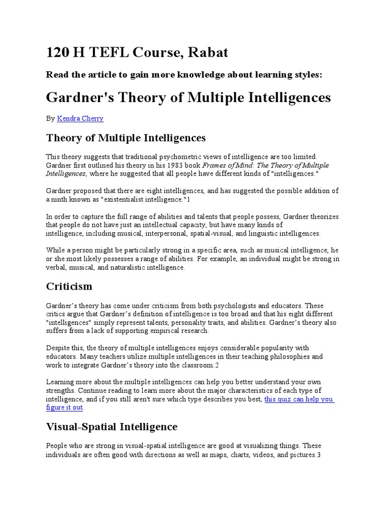 120 H TEFL Course, Rabat Gardner's Theory of Multiple Intelligences | PDF | Intelligence ...