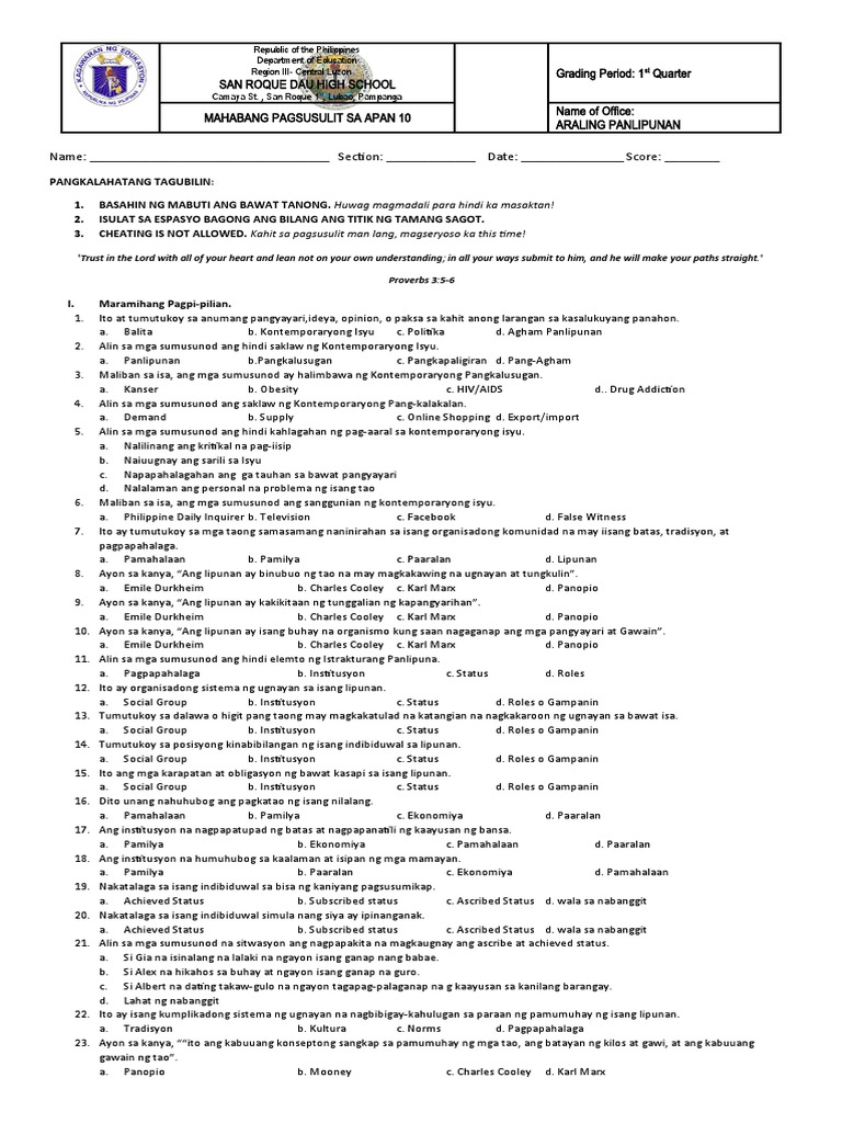 1st Periodical Test in AP10 | PDF