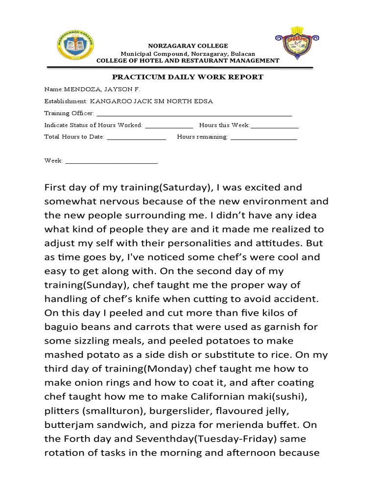 Practicum Daily Work Report: Norzagaray College College of Hotel and Restaurant Management | PDF ...