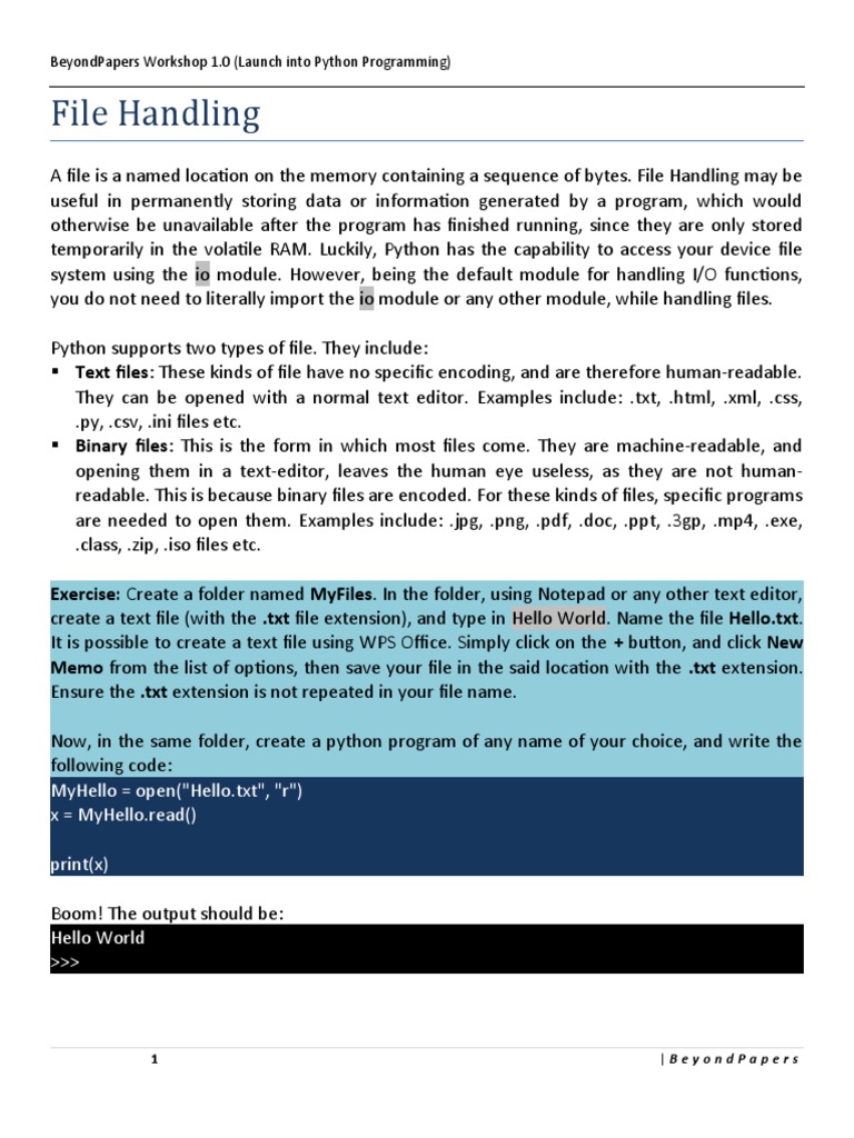 File Handling: Exercise: Create A Folder Named Myfiles. in The Folder, Using Notepad or Any ...