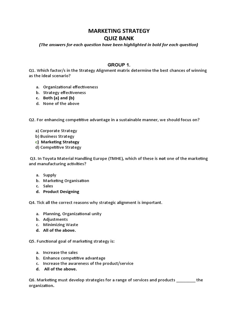 Marketing Strategy Quiz Bank: (The Answers For Each Question Have Been ...
