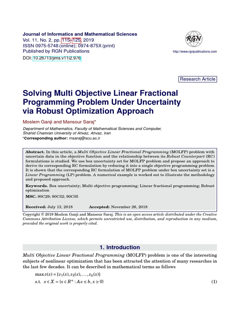 Solving Multi Objective Linear Fractional Programming Problem Under Uncertainty Via Robust ...