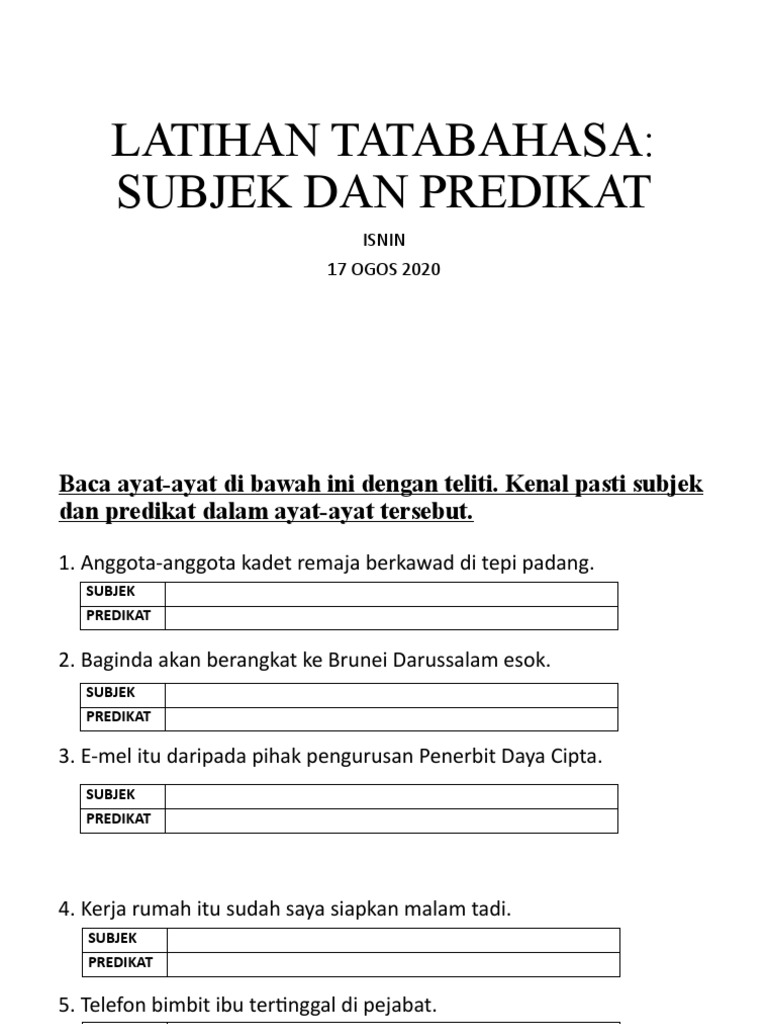 Latihan Tatabahasa Subjek Dan Predikat | PDF | Ilmu Sosial | Seni & Disiplin Bahasa