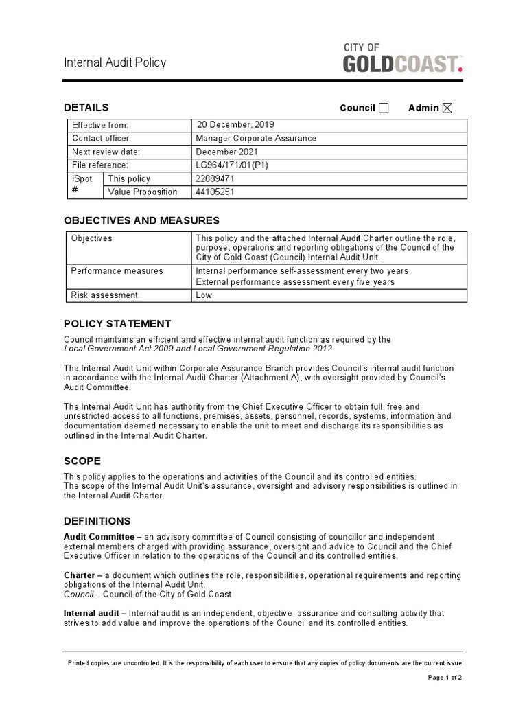 Gold Coast Internal Audit Policy | PDF | Internal Audit | Internal Control