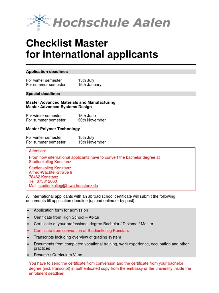 Checklist Master For International Applicants: Application Deadlines ...