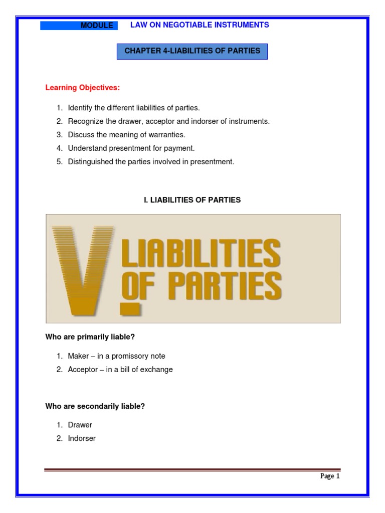 Liabilities of Parties in Negotiable Instruments | PDF | Cheque ...