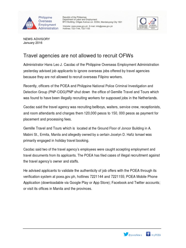 Travel Agencies Are Not Allowed To Recruit Ofws: News Advisory January ...