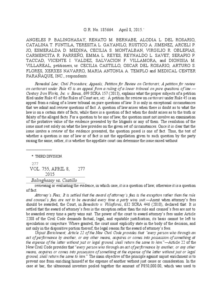 23 - Balinghasay Vs Castillo | PDF | Lawsuit | Question Of Law