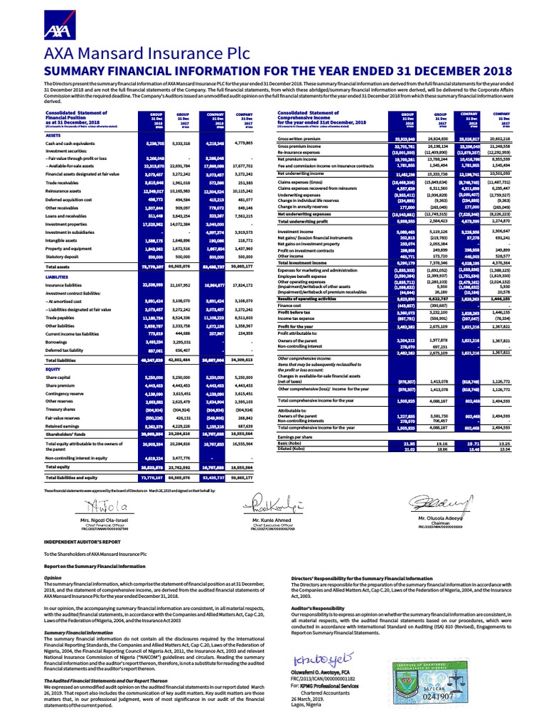 AXA Mansard Insurance Plc Summary Financial Information for the Year ...