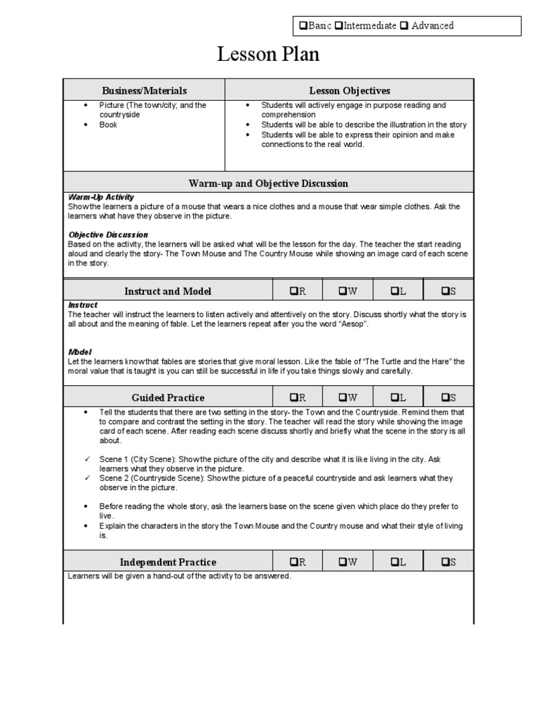 Town and Country Mouse Lesson Plan | PDF | Lesson Plan | Reading ...