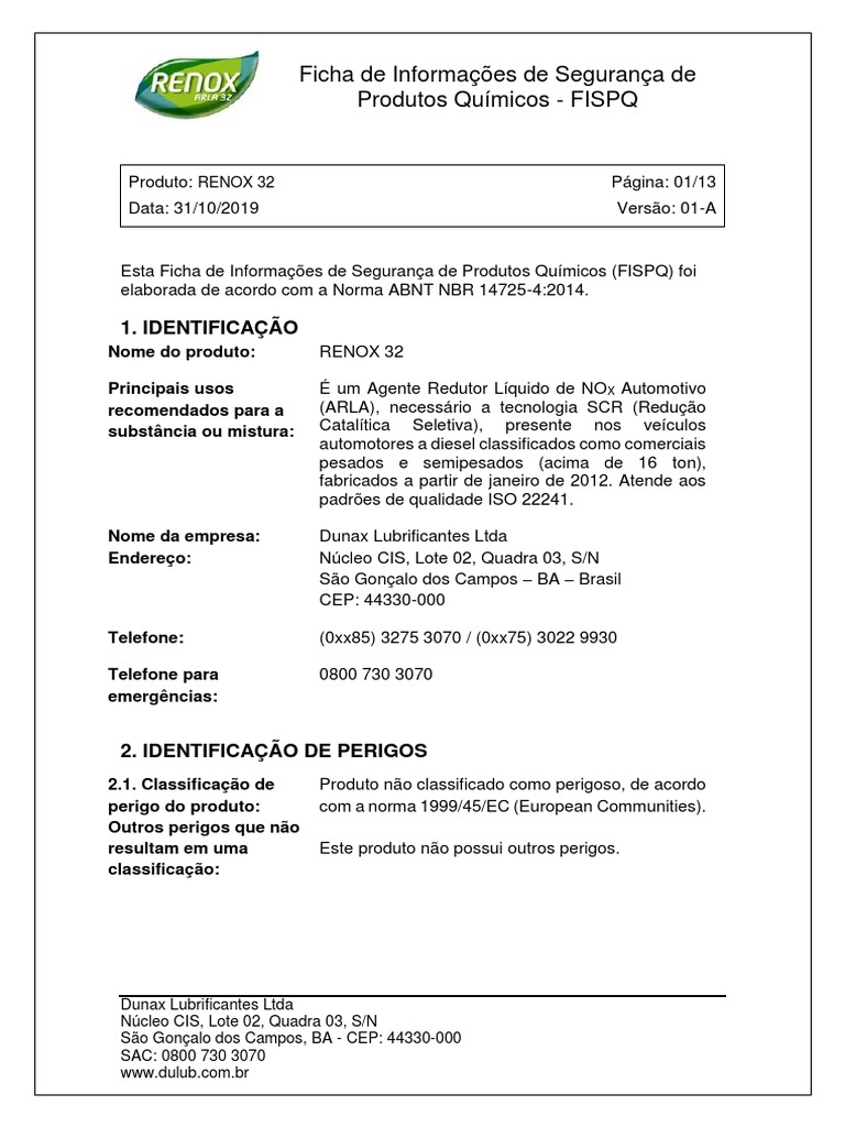 Ficha de Informações de Segurança de Produtos Químicos para Solução ...