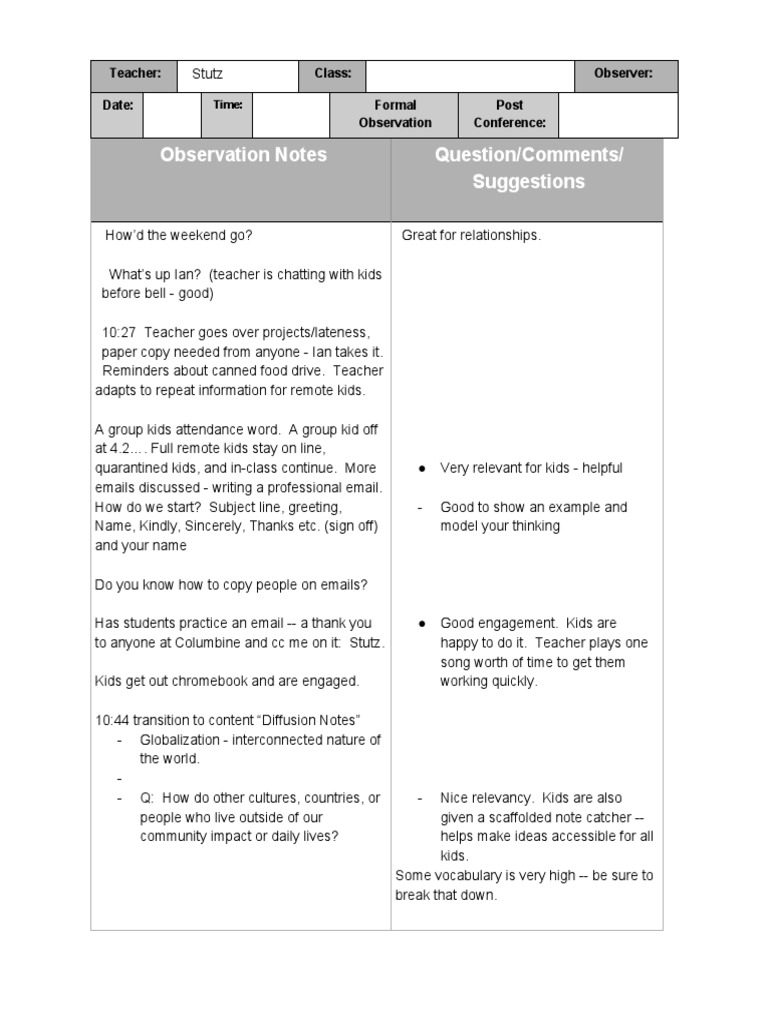 Stutz Observation Template | PDF | Teachers | Learning