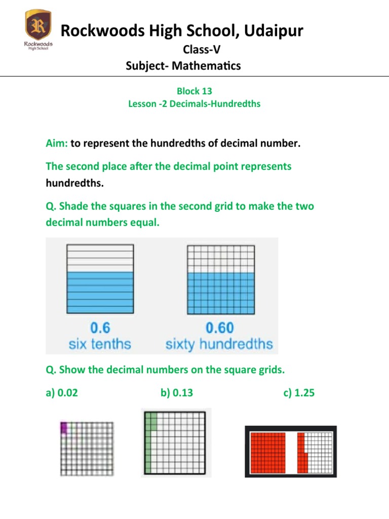 Block 13 Lesson 2 Decimal - Hundredths | PDF