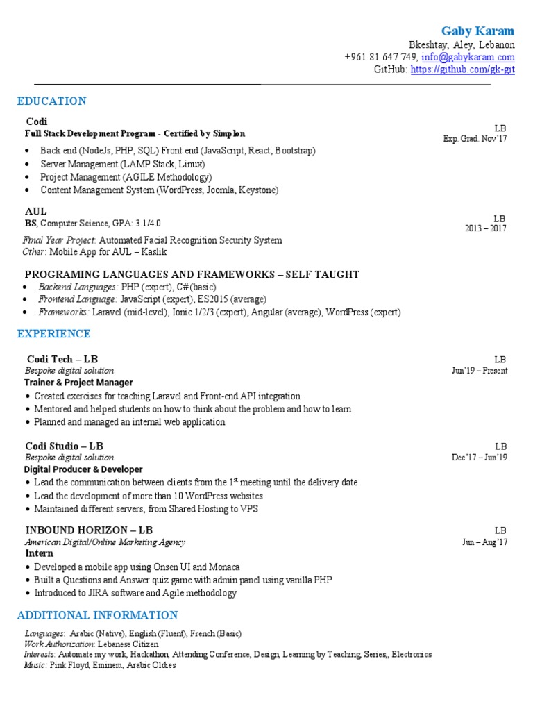 Full Stack Developer Resume | PDF | Web Application | Word Press