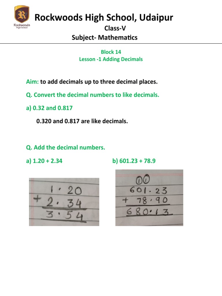 Block 14 Lesson 1 Adding Decimals | PDF | Teaching Methods & Materials ...