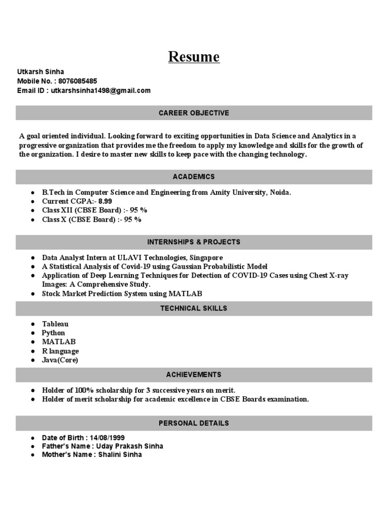 A Data-Driven Resume Showcasing Utkarsh Sinha's Expertise in Data ...