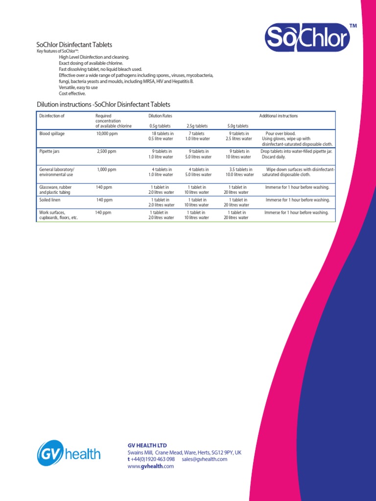 Sochlor Disinfectant Tablets: Swains Mill, Crane Mead, Ware, Herts ...