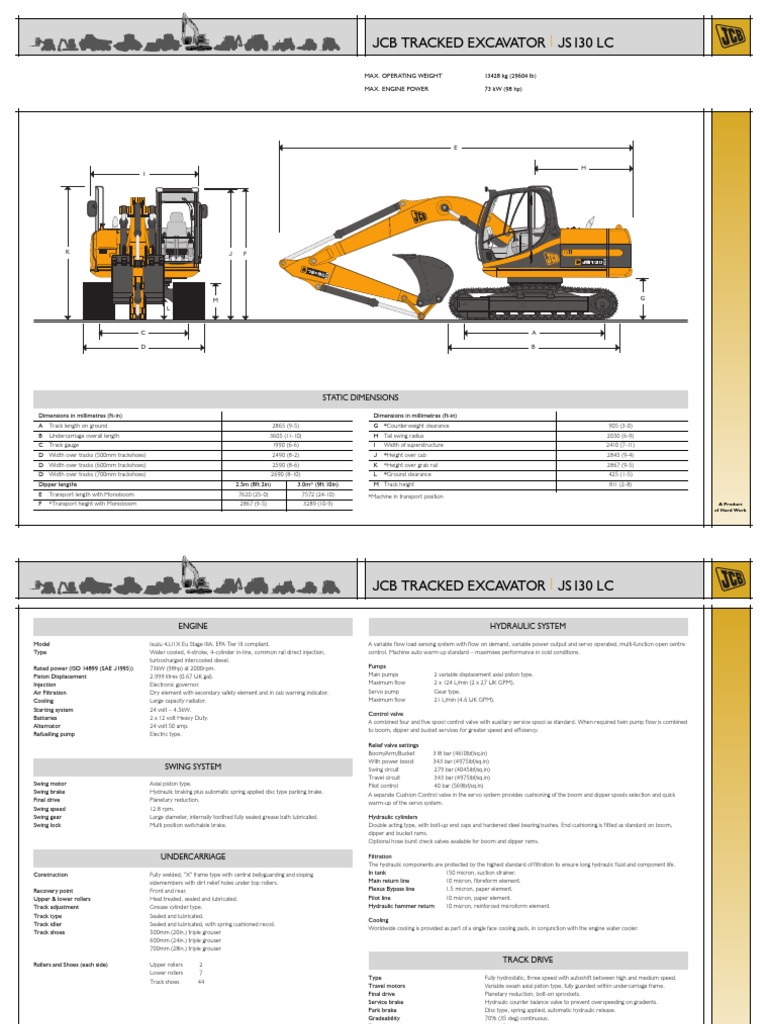 JCB Tracked Excavator JS130 LC: Static Dimensions | PDF | Loader ...