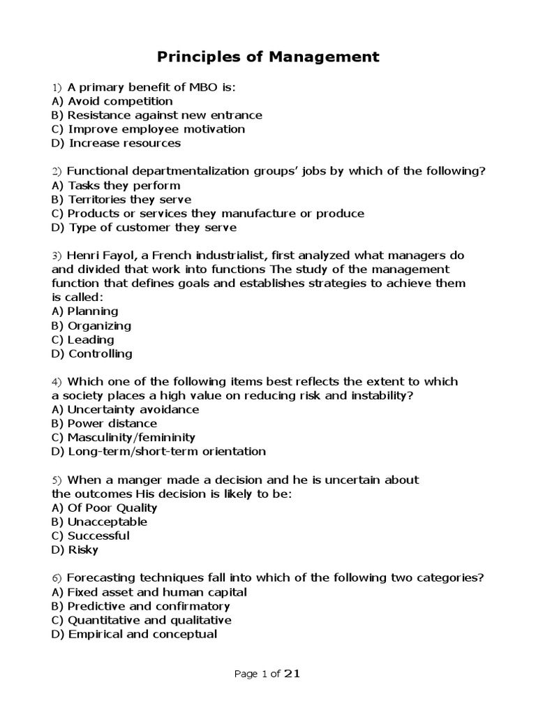 Principles of Management Mcqs With Answers of Stephen P | PDF ...