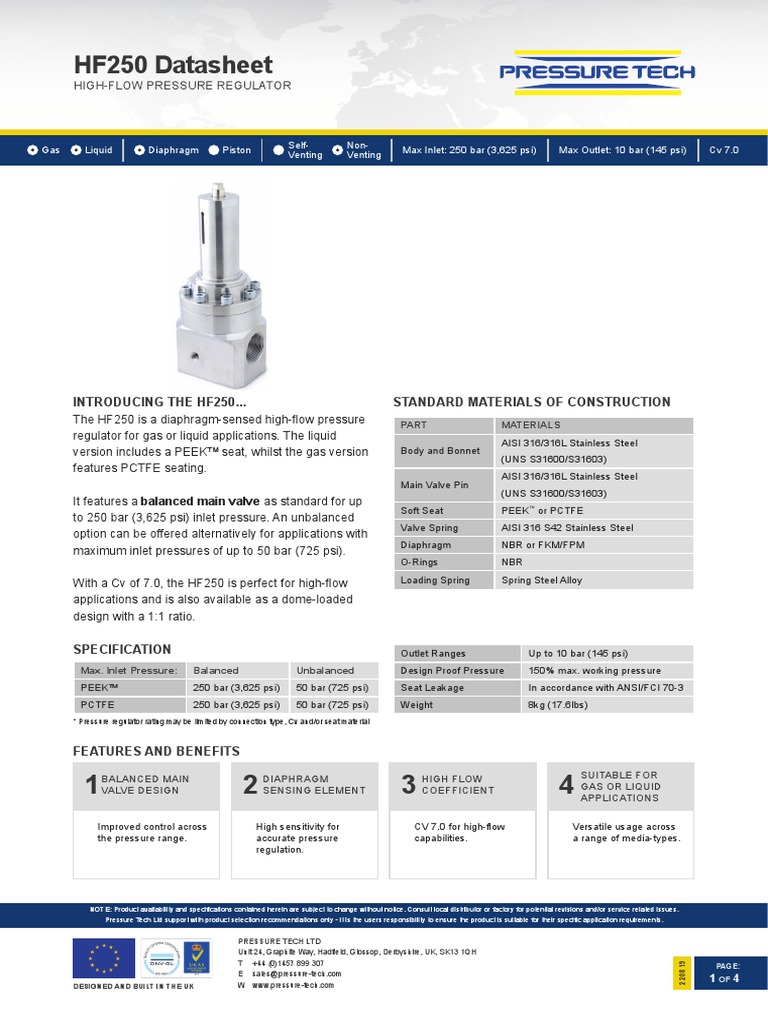 HF250 Datasheet: High-Flow Pressure Regulator | Download Free PDF ...