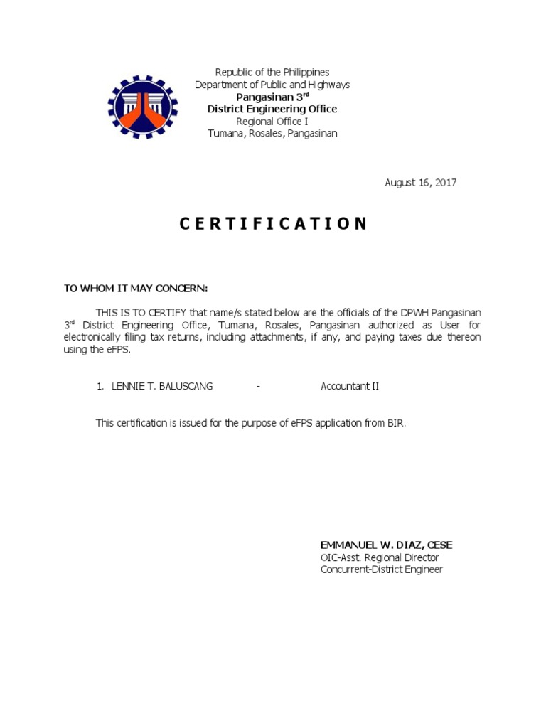 DPWH Pangasinan eFPS User Certification | PDF