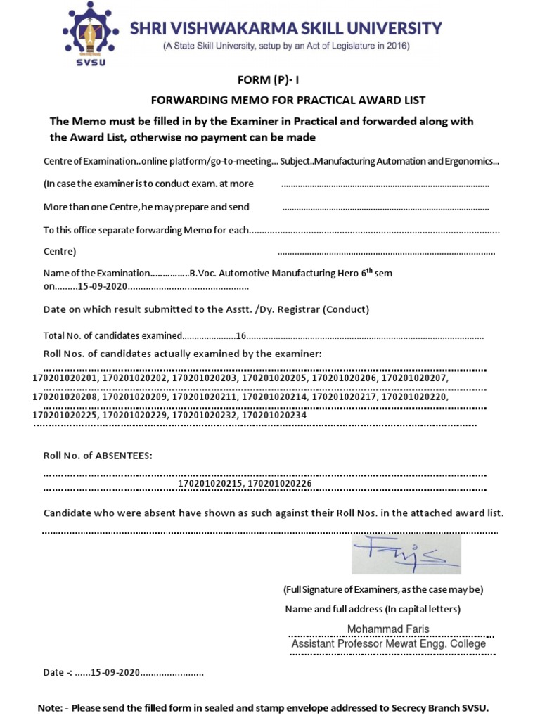 1 Updated Forwarding Memo For Practical Award List MFG | PDF | Test ...