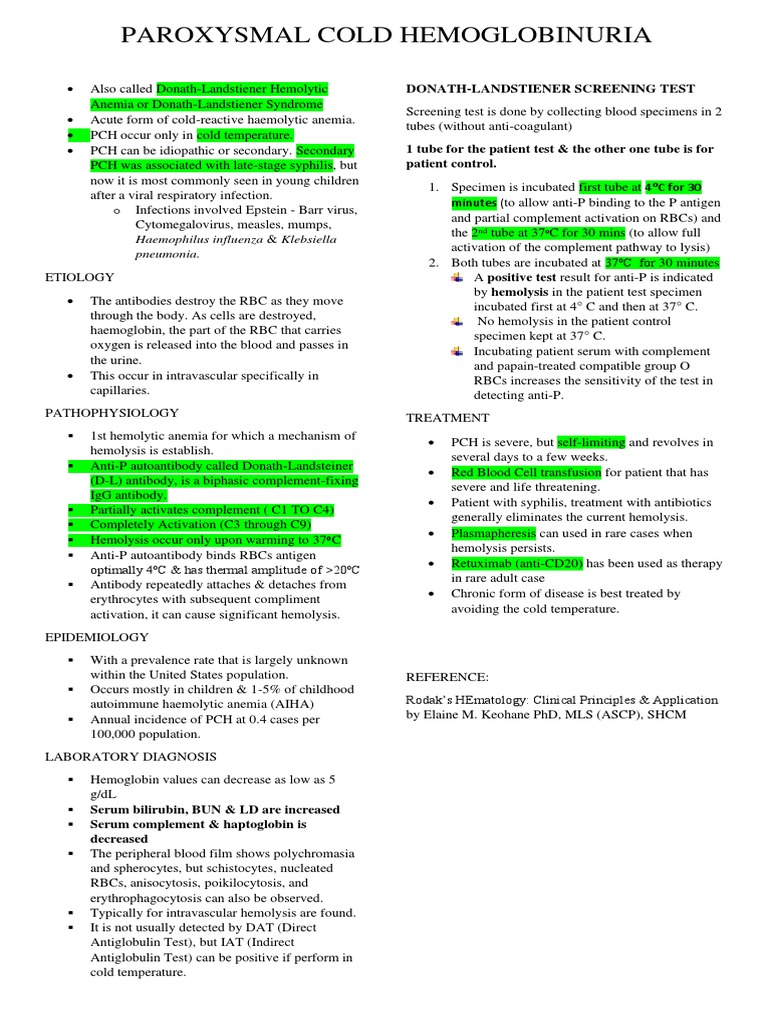 Paroxysmal Cold Hemoglobinuria: Donath-Landstiener Screening Test | PDF ...