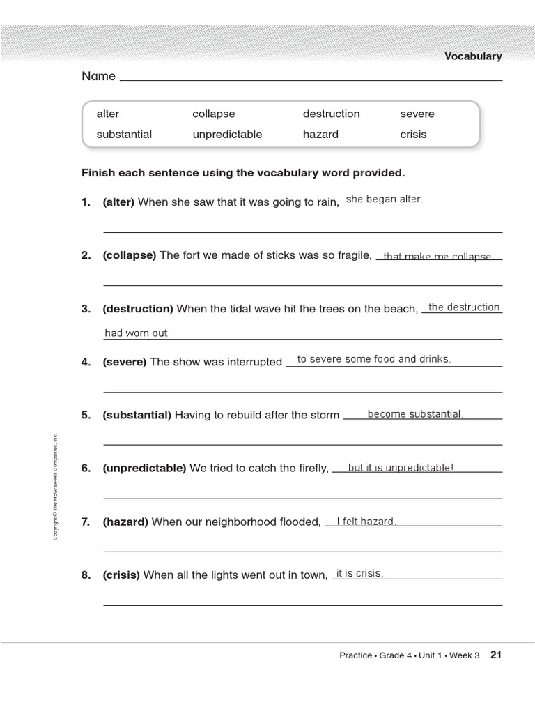 Finish Each Sentence Using The Vocabulary Word Provided. 1. (Alter) | PDF