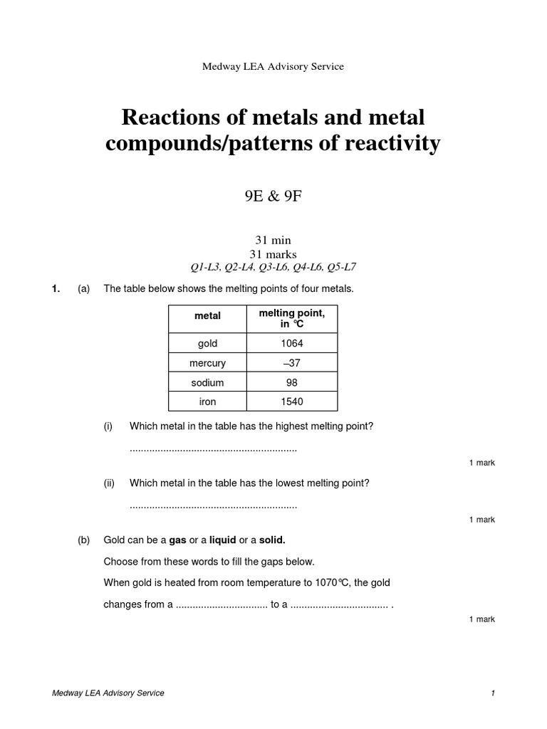Reactions of Metals and Metal Compounds/patterns of Reactivity | PDF