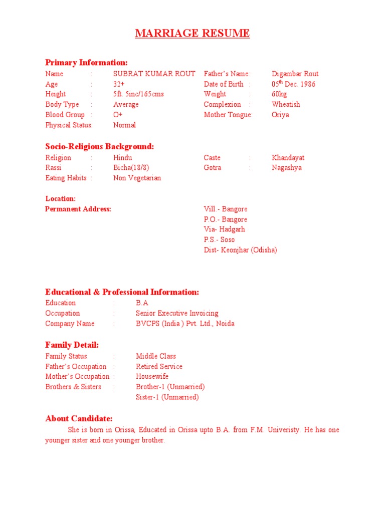 Marriage Resume | PDF