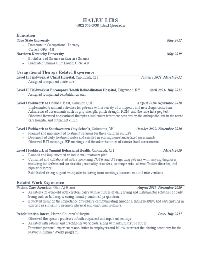 Haley Libs Resume | PDF | Physical Therapy | Occupational Therapy