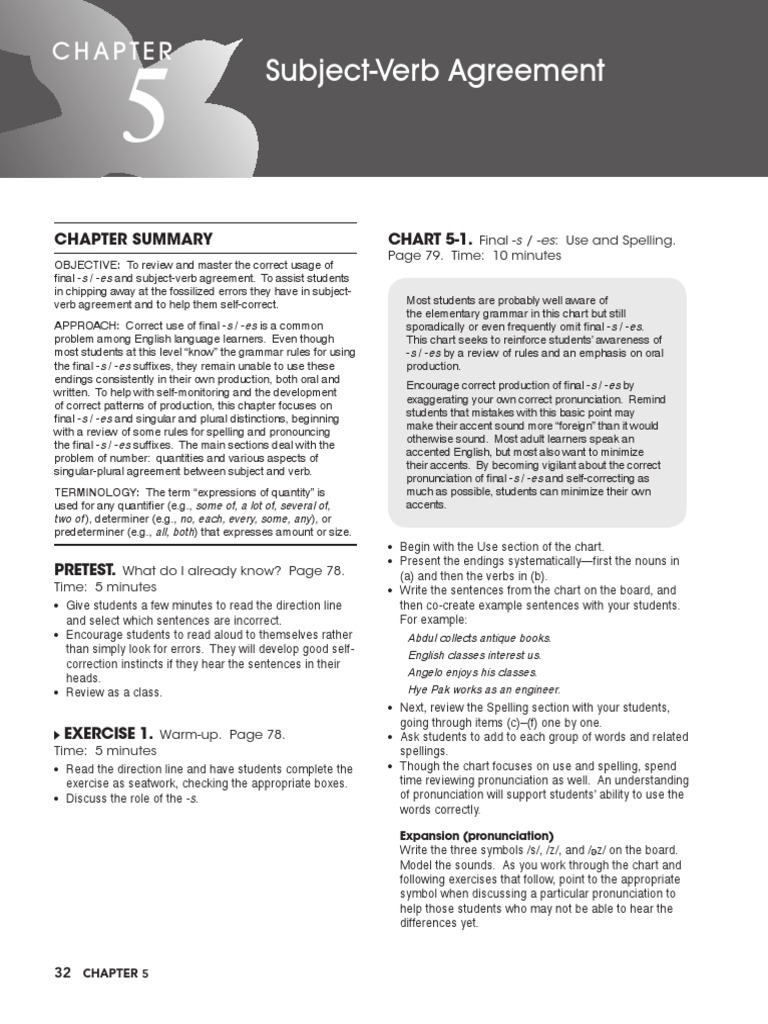 Subject-Verb Agreement: Chapter Summary CHART 5-1 | PDF | Grammatical ...