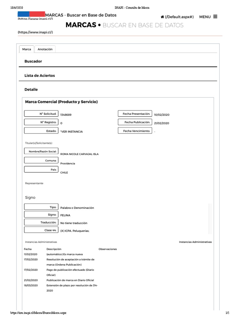 INAPI - Consulta de Marca FELINA | PDF | Marca comercial | Business