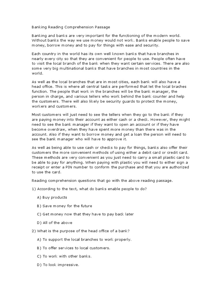 Banking Reading Comprehension Passage | Download Free PDF | Banks | Money