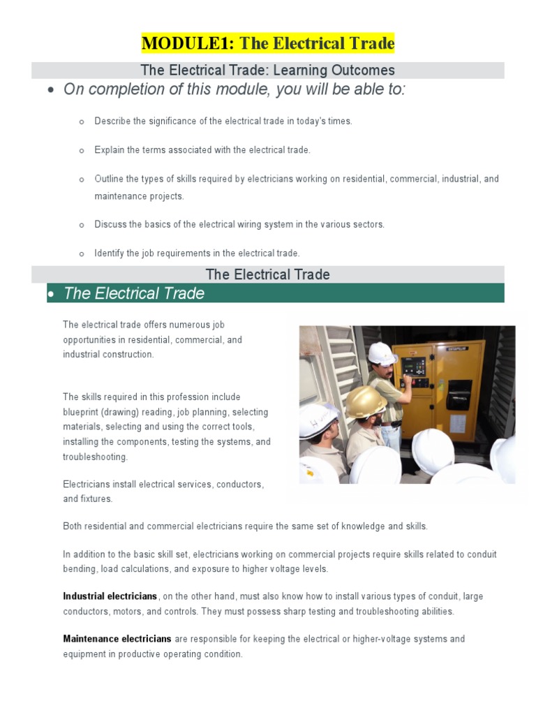 The Electrical Trade: On Completion of This Module, You Will Be Able To ...