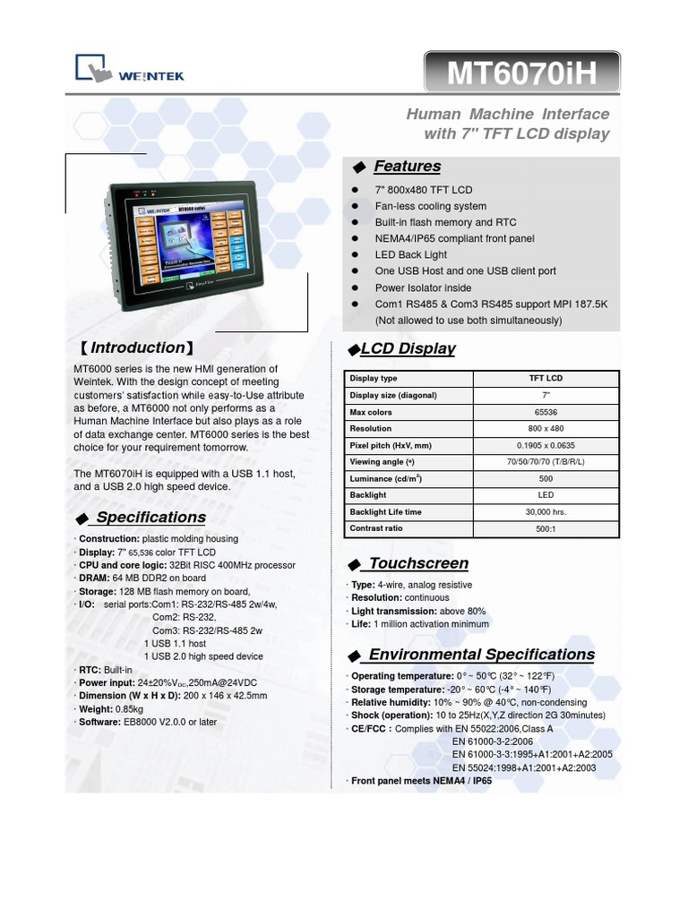 Weintek MT6070iH HMI Specifications | PDF | Liquid Crystal Display ...