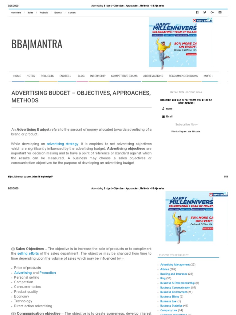 Advertising Budget - Objectives, Approaches, Methods - BBA - Mantra PDF ...