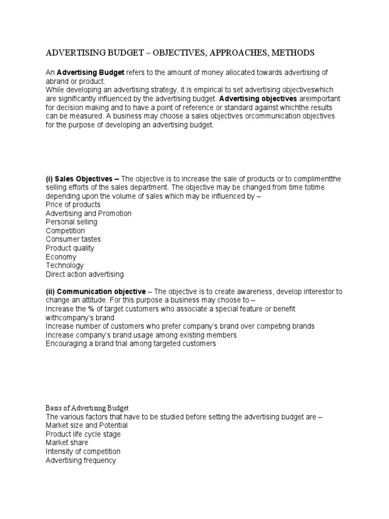 Advertising Budget - Objectives, Approaches, Methods | PDF ...