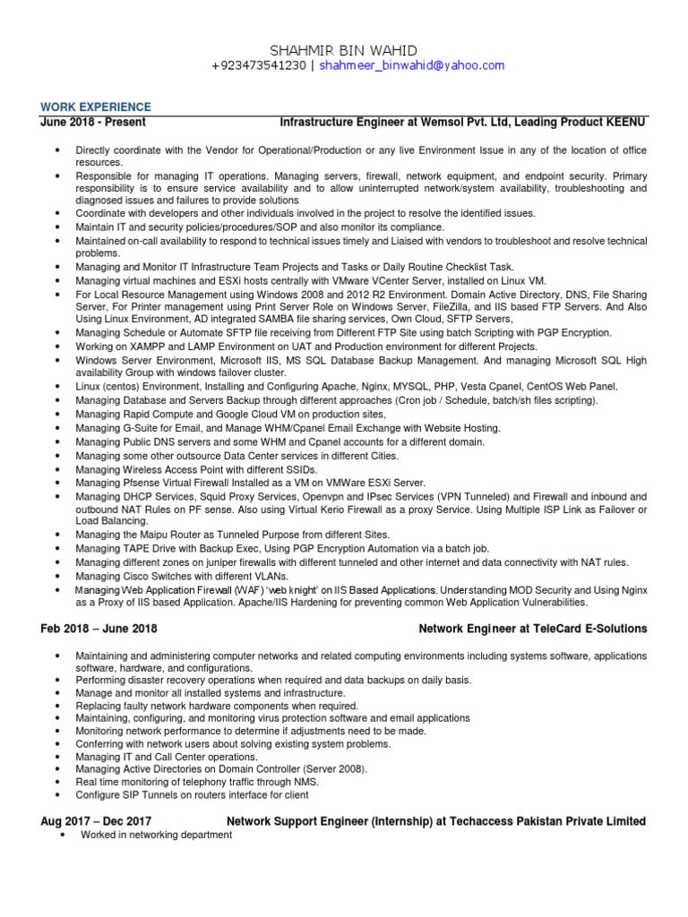 Shahmir Bin Wahid: Work Experience | PDF | Proxy Server | Computer Network