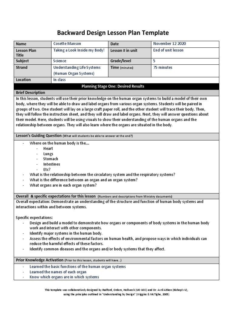 Backward Design Lesson Plan Template | PDF | Organ (Anatomy) | Teachers