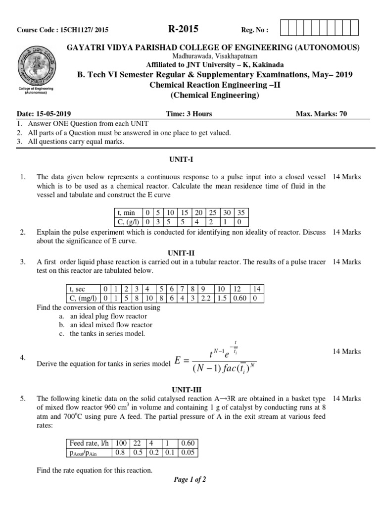 Chemical Reaction Engineering - II - R2015 - 15-05-2019 | PDF | Chemical Reactor | Chemical ...