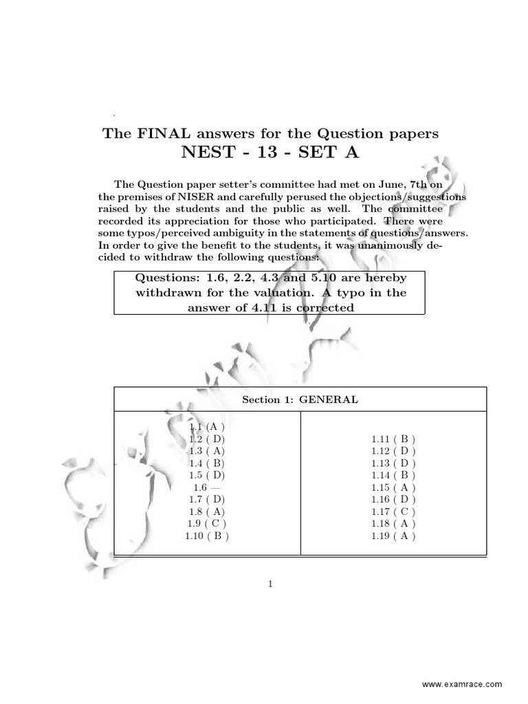 Nest - 13 - Set A: The FINAL Answers For The Question Papers | PDF ...