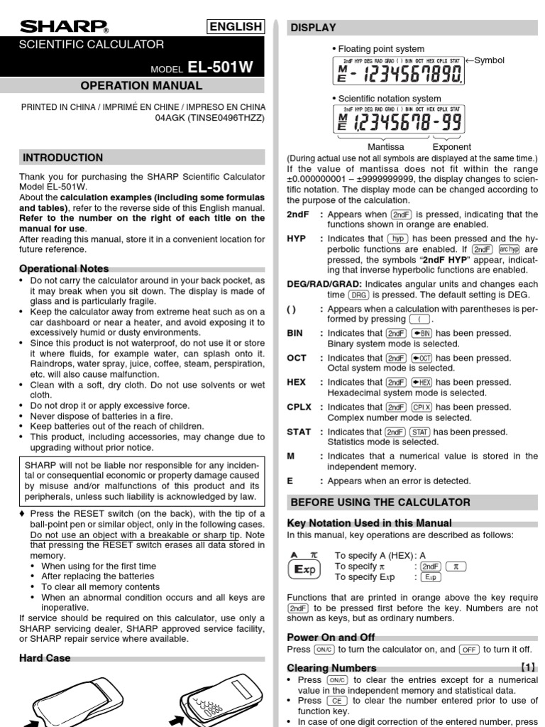 Sharp El-501w | PDF | Calculator | Arithmetic