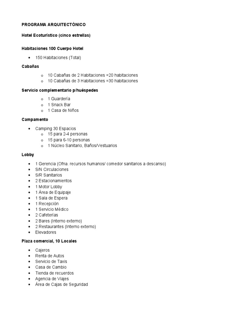 Programa Arquitectónico de Hotel. | PDF