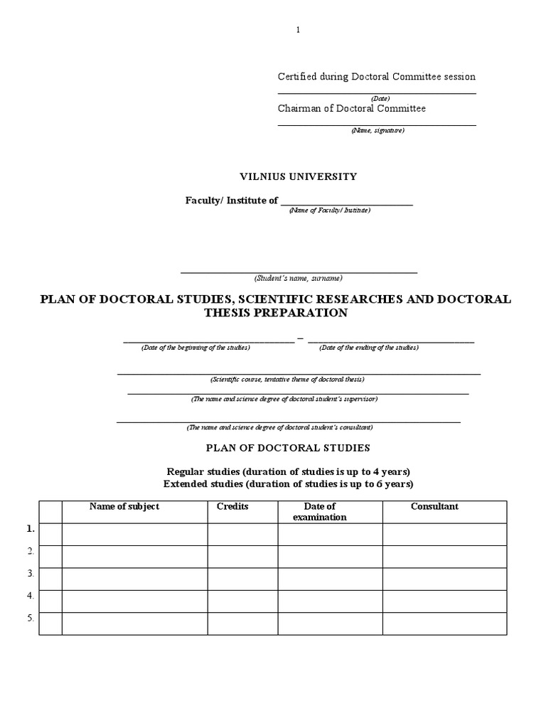 Plan of Doctoral Studies, Scientific Researches and Doctoral Thesis ...