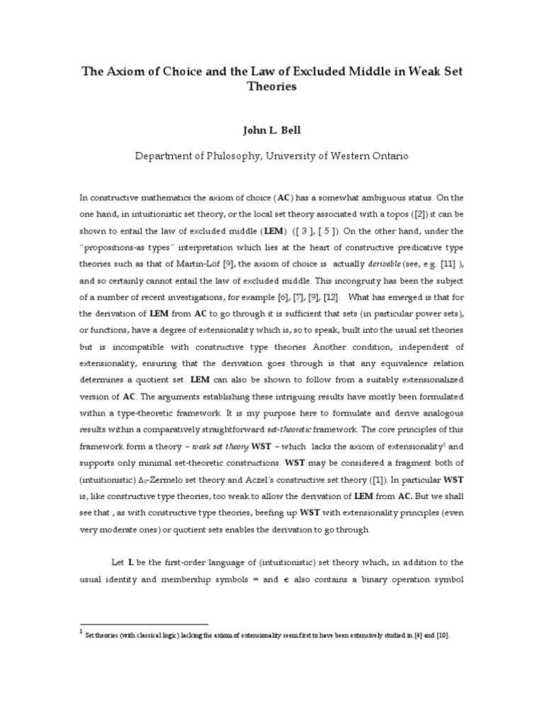 The Axiom of Choice and The Law of Excluded Middle in Weak Set Theories | PDF | First Order ...