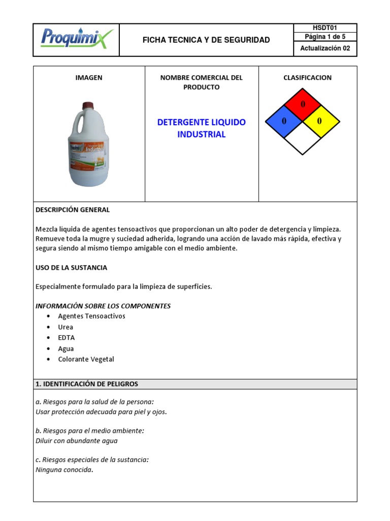 Ficha Tecnica y de Seguridad Detergente Liquido | PDF | Detergente | Agua
